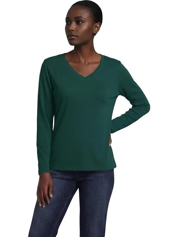 LANDS' END Cotton Long Sleeve V-neck T-shirt - Pine