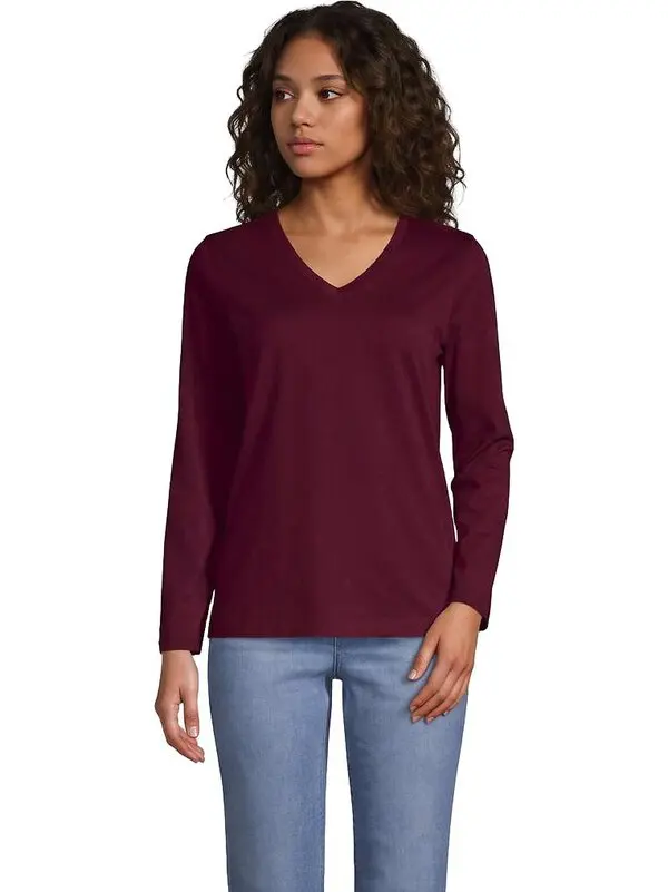 LANDS' END Cotton Long Sleeve V-neck T-shirt - Rich Burgundy