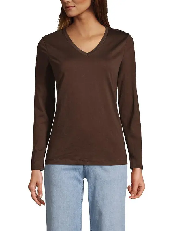 LANDS' END Cotton Long Sleeve V-neck T-shirt - Rich Coffee