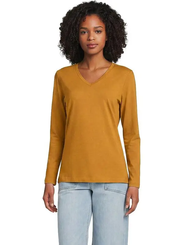 LANDS' END Supima Cotton Long Sleeve V-neck T-shirt - Vintage Amber