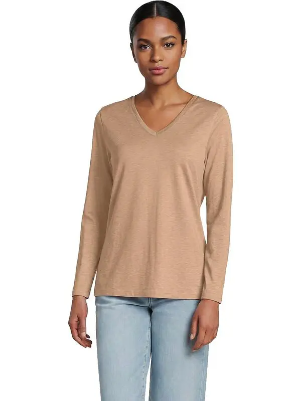 LANDS' END Cotton Long Sleeve V-neck T-shirt - Warm Taupe Heather