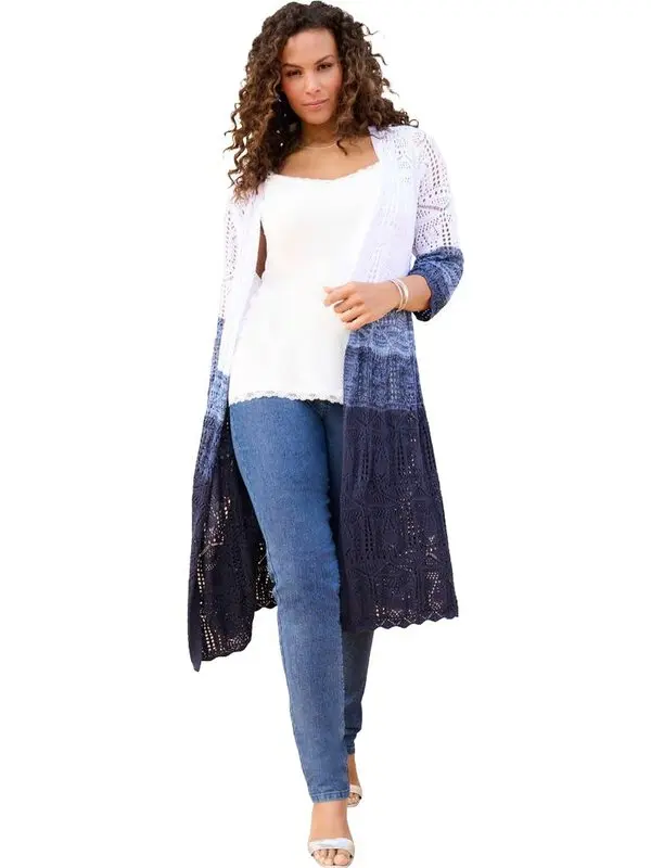 Roaman's Knee-length Pointelle Cardigan - Navy