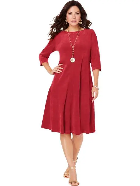 Roaman's Velour Swing Dress With 3/4 Sleeves - Classic Red