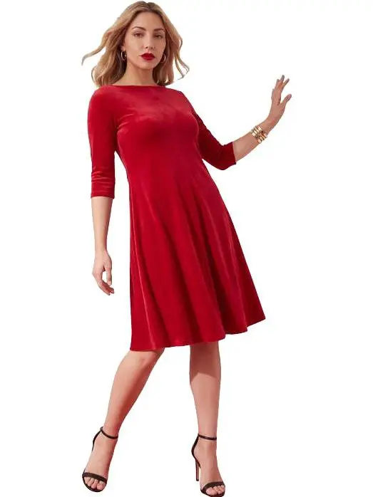 Roaman's Velour Swing Dress With 3/4 Sleeves - Classic Red