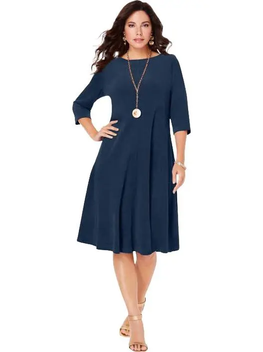 Roaman's Velour Swing Dress With 3/4 Sleeves - Navy
