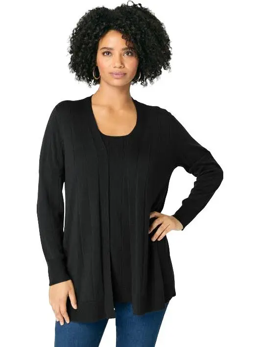 Roaman's Drop Needle Cardigan Lightweight Sweater Knit - Black