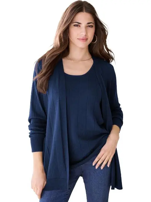 Roaman's Drop Needle Cardigan Lightweight Sweater Knit - Navy