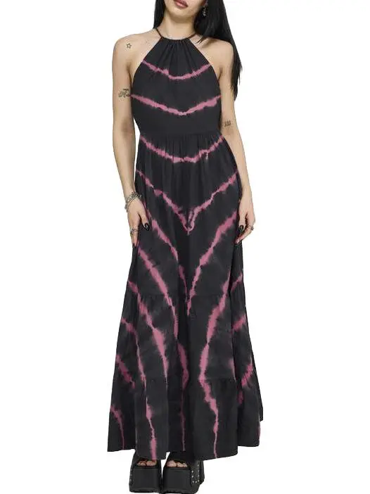 DISTURBIA Tie & Dye Halterneck Maxi Dress - Black