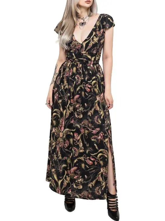 DISTURBIA Dionaea Flytrap Print V-neck Maxi Dress - Black