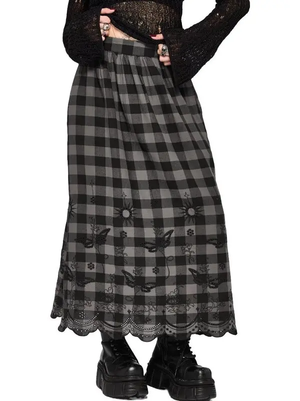 DISTURBIA Ashwing Check Broderie Maxi Skirt - Black