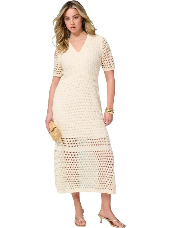 Roaman's Openwork Knit V-neck Tiered Maxi Dress - Ivory