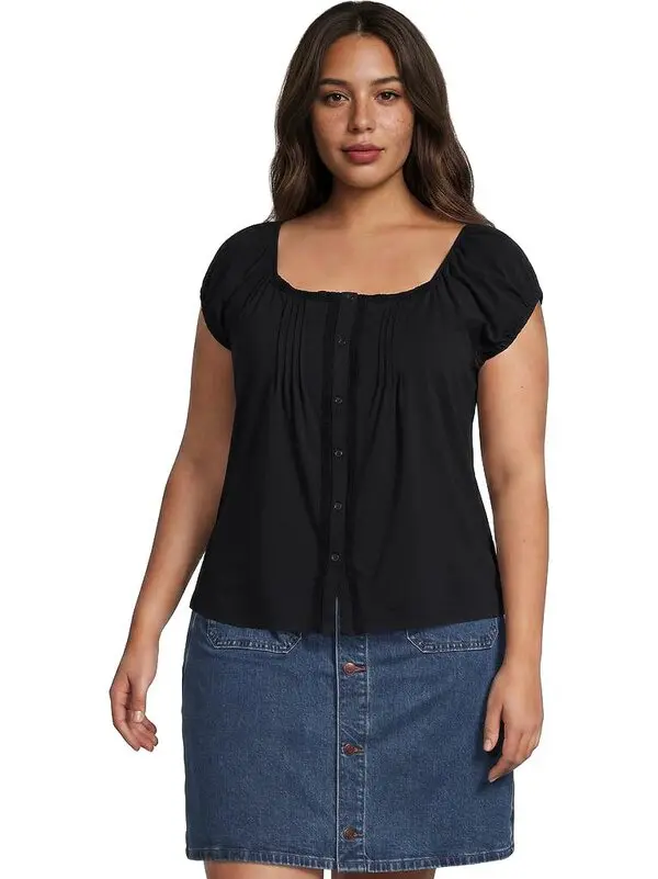 LANDS' END Sleeveless Lightweight Jersey Pintuck Button-front Blouse - Black