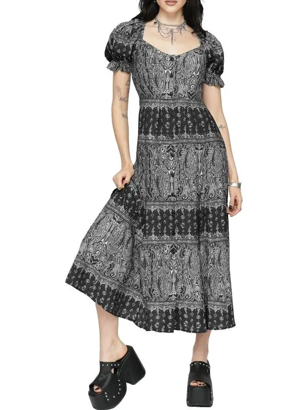 DISTURBIA Paisley Print Midi Dress - Black
