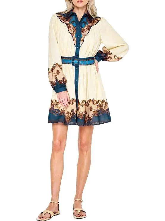 CIEBON Teya Long Sleeve Belted Shirtdress - Cream Multi