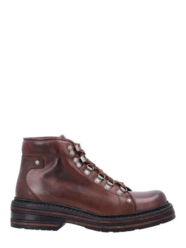 Miu Miu Antiqued Leather Lace-up Combat Boots - Coffee