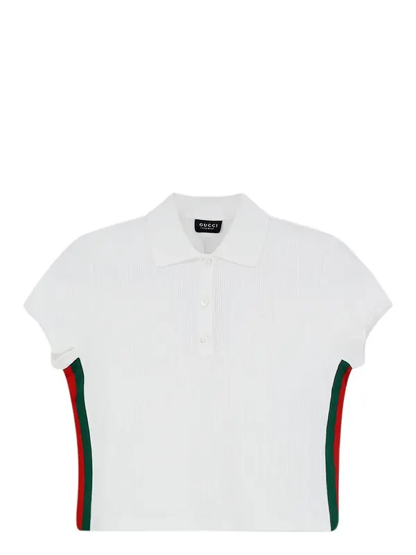 Gucci Ribbed Cotton Polo Shirt With Double G Embroidery And Web Detail - Bianco