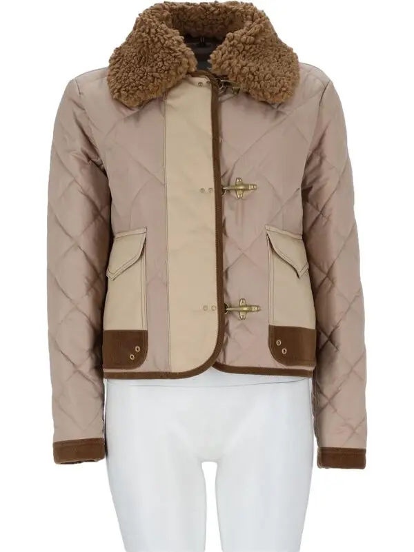 FAY Quilted Jacket With "3 Ganci" Detailing And Fur Collar - Beige