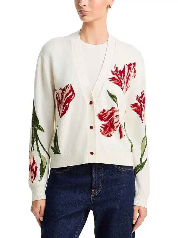 Alice + Olivia Bradley Intarsia Short V Neck Cardigan Sweater - Soft White Multi