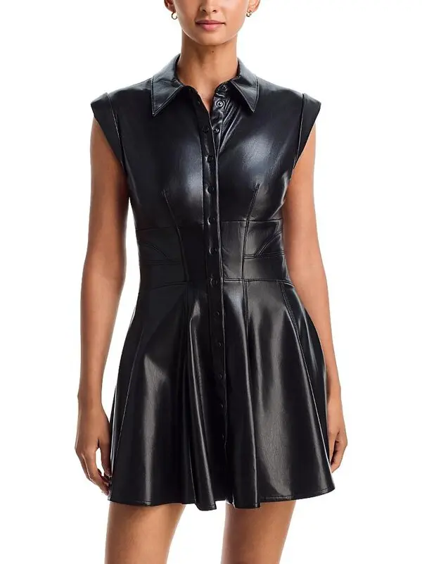 Alice + Olivia Faux Leather Paneled Corset Mini Shirt Dress - Black