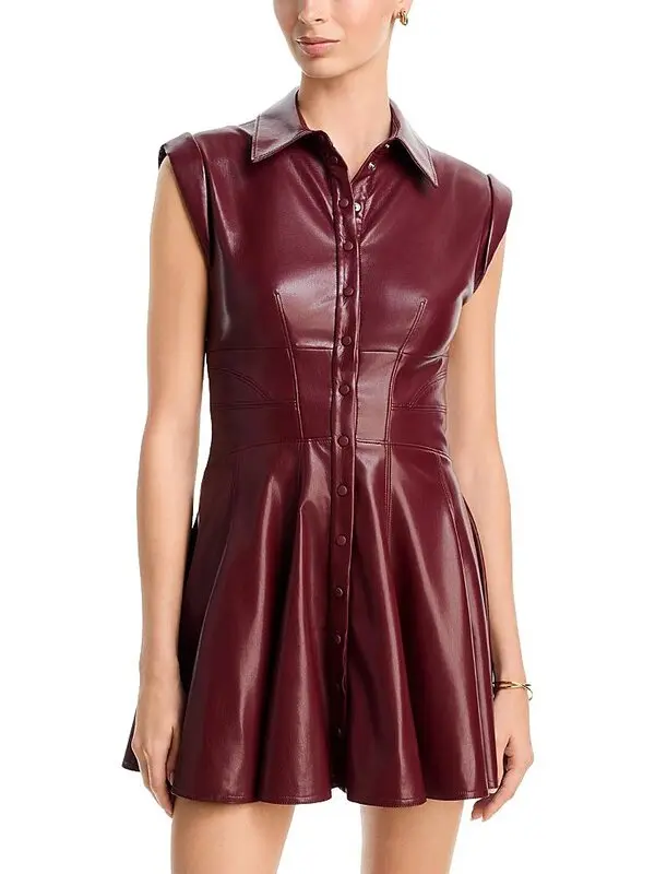Alice + Olivia Faux Leather Paneled Corset Mini Shirt Dress - Cognac
