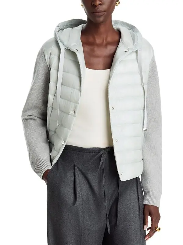 Herno Quilted Hooded Mixed Media Coat - Light Blue