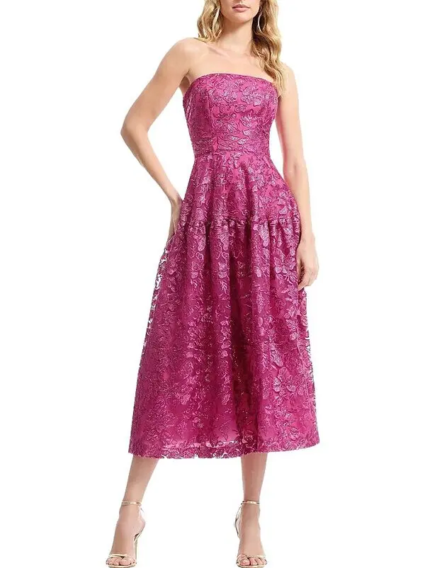 Dress The Population Gemma Strapless Floral Lace Tiered Midi Dress - Bright Fuchsia