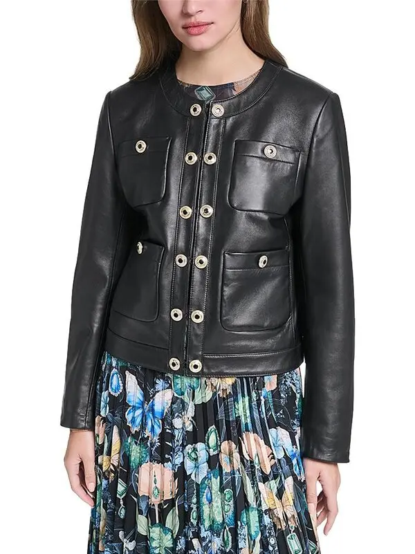 Karl Lagerfeld Paris Leather Collarless Jacket With Button Detailing - Black
