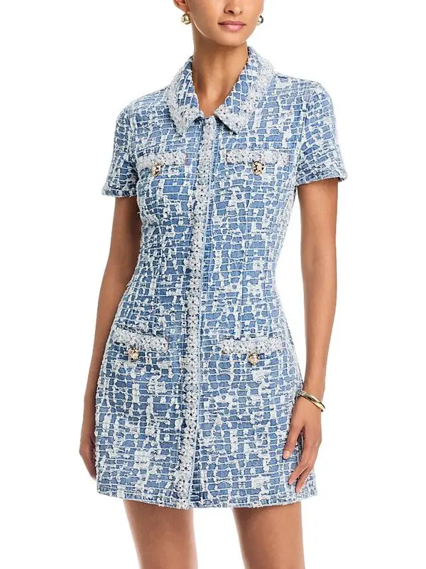 SELF-PORTRAIT Collared Textured Denim Mini Dress - Blue