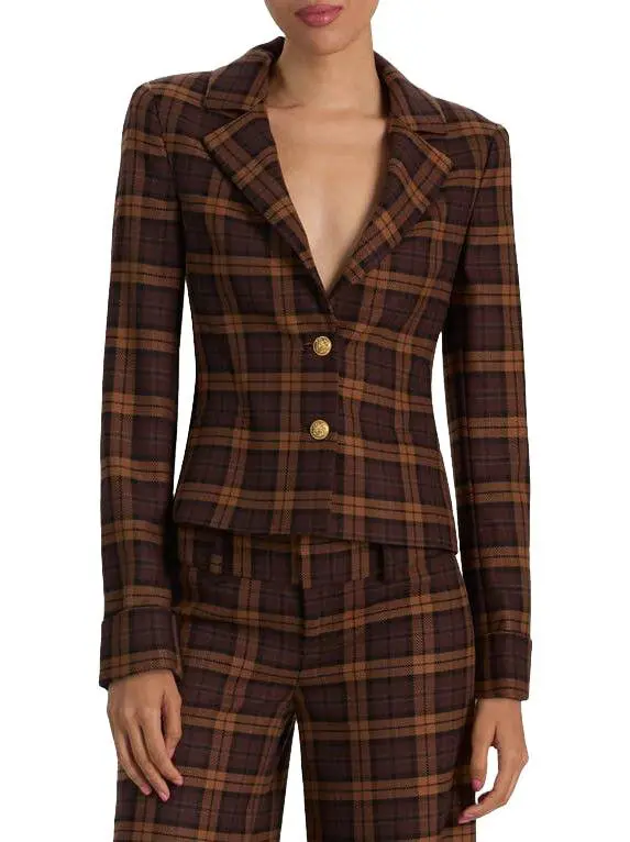 Alice + Olivia Macey Shrunken Plaid Blazer - Dark Chocolate/camel