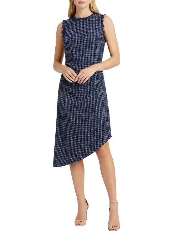 Maggy London Tweed Asymmetrical Midi Dress - Navy