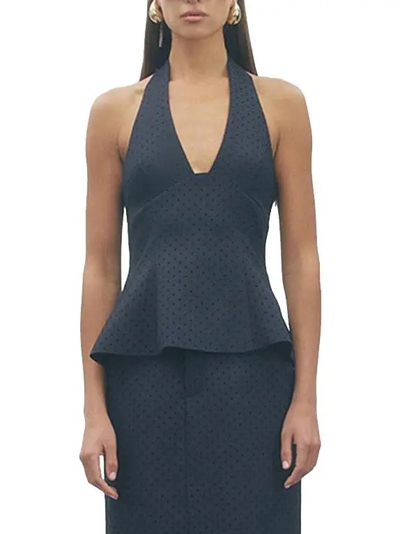 MAUDE CLUB Brynn Peplum Halter Top - Navy Black
