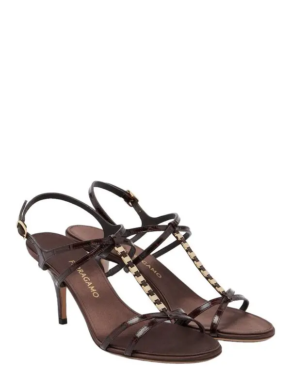 FERRAGAMO Tiane Embellished Croc-effect Leather Sandals - Brown