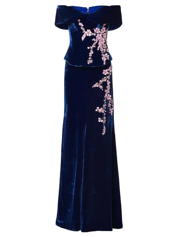 Costarellos Rielle Embellished Floral-appliqué Velvet Gown - Blue