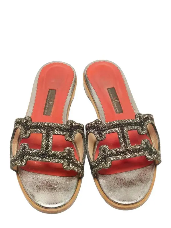 Carolina Herrera Initials Insignia Crystal Embellished Slides - Black