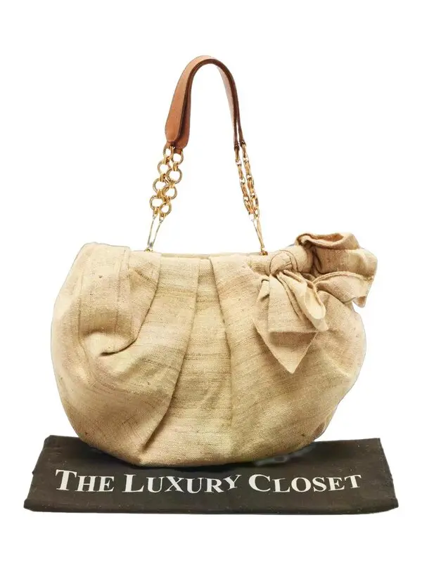 CHRISTIAN LOUBOUTIN Beige Textured Canvas Bow Pleated Shoulder Bag - Neutrals
