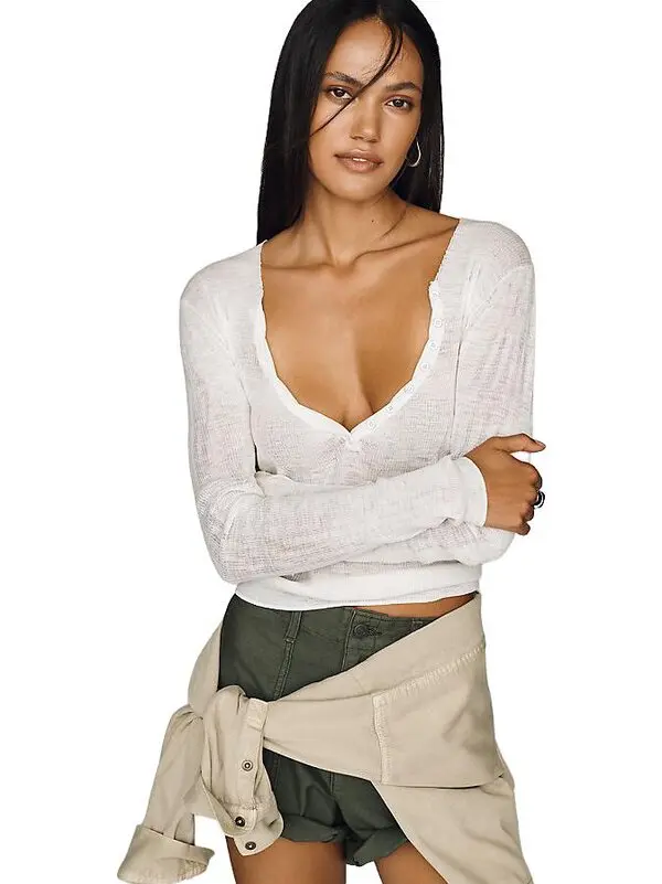 PILCRO Linen-wool Blend Henley Sweater - Marshmallow Ivory