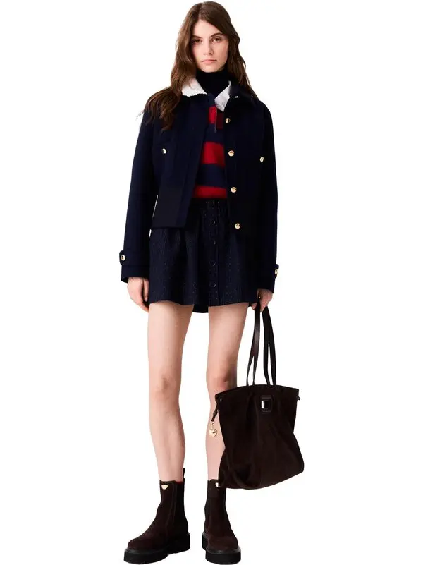 Maje Short Double-faced Jacket With Corduroy Collar - Navy