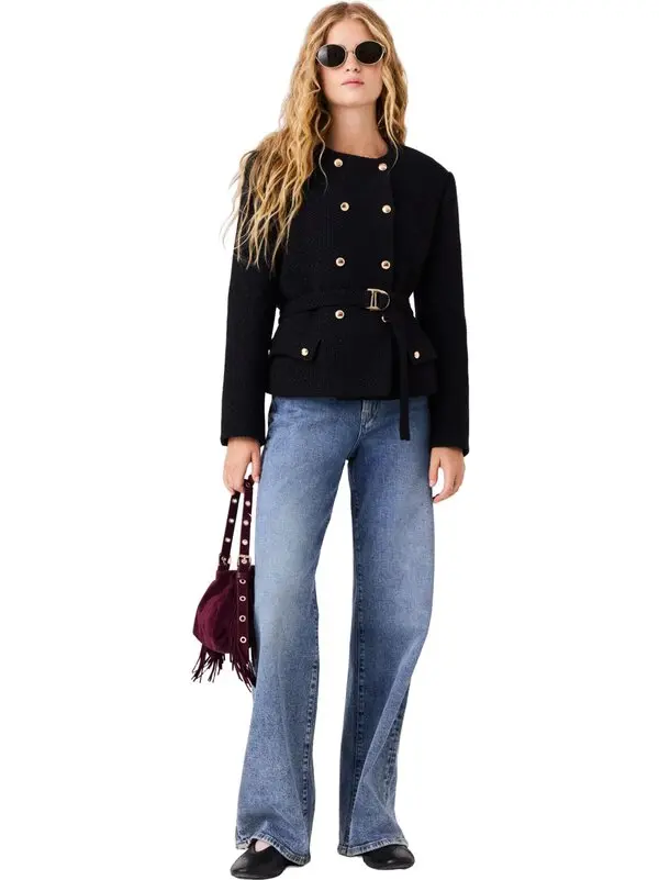 Maje Textured Double-breasted Belted Jacket - Black