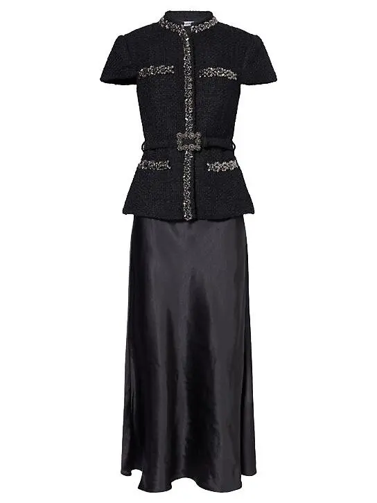 SELF-PORTRAIT Crystal-trim Bouclé And Satin Midi Dress - Black