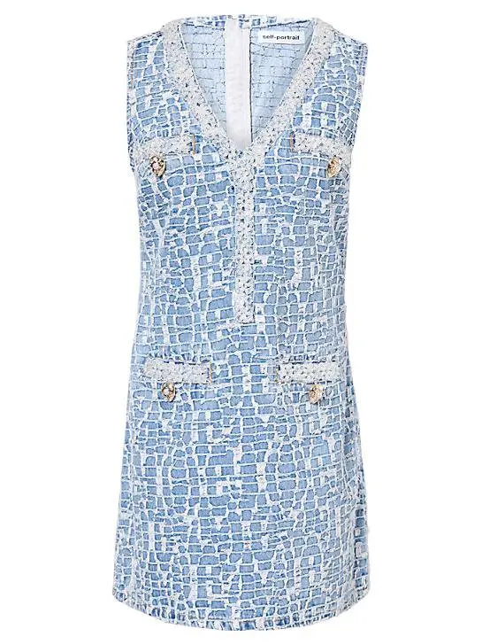 SELF-PORTRAIT Mosaic Denim Mini Dress - Blue