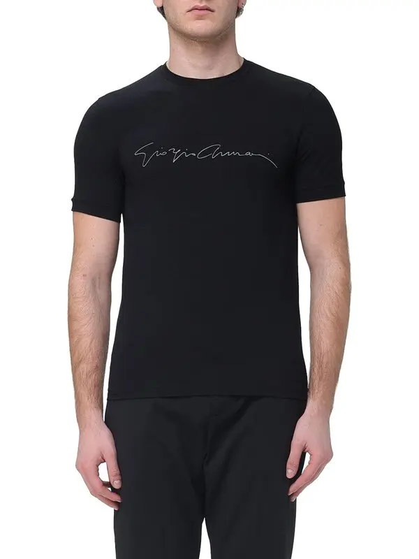 Giorgio Armani Cotton T-shirt With Short Sleeves And Contrasting Logo - Black