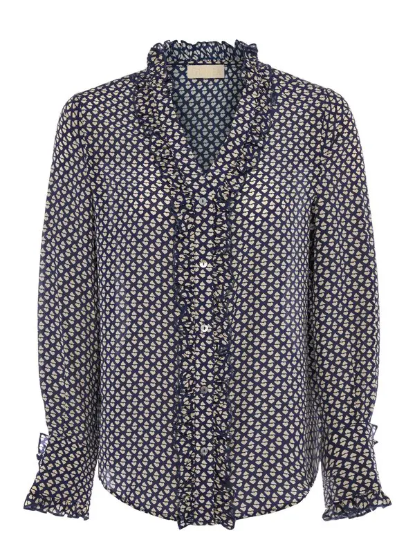 GUINEA Printed Silk Shirt With Frill Detail - Blue/white