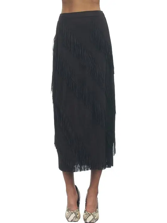 MAUDE CLUB Kellie Fringed Midi Skirt - Brown
