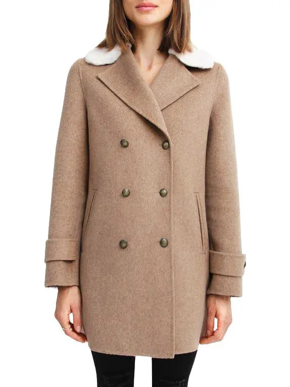 BELLE & BLOOM Faux Shearling Collar Wool Blend Coat - Oat