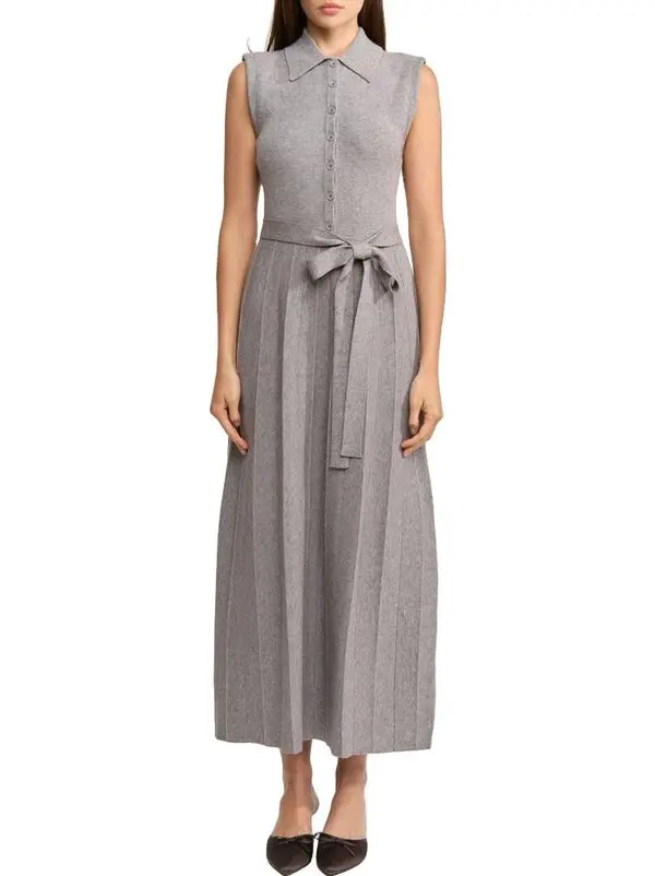 EN SAISON Sleeveless Maxi Sweater Dress With Pleated Skirt And Tie Belt - Gray