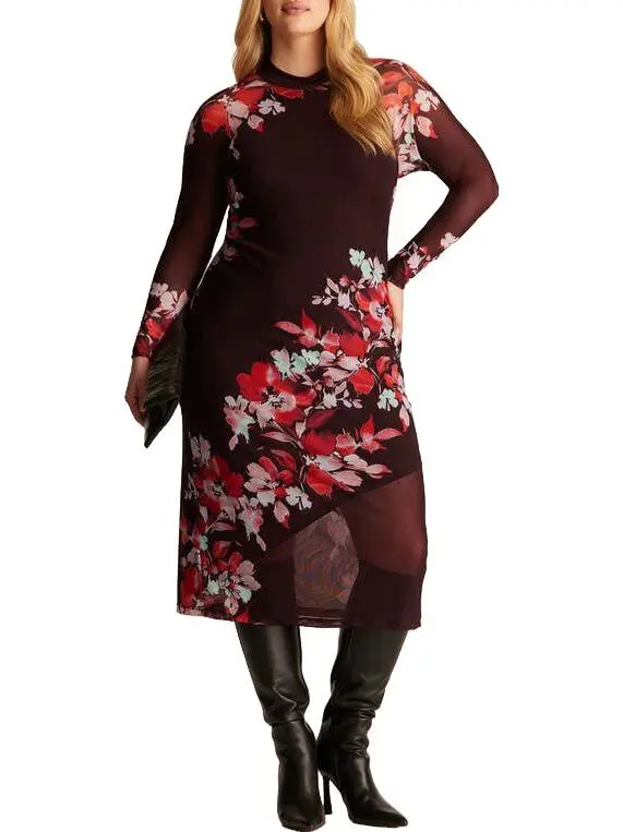 ESTELLE Solene Floral Mesh Midi Dress - Ruby Fleur