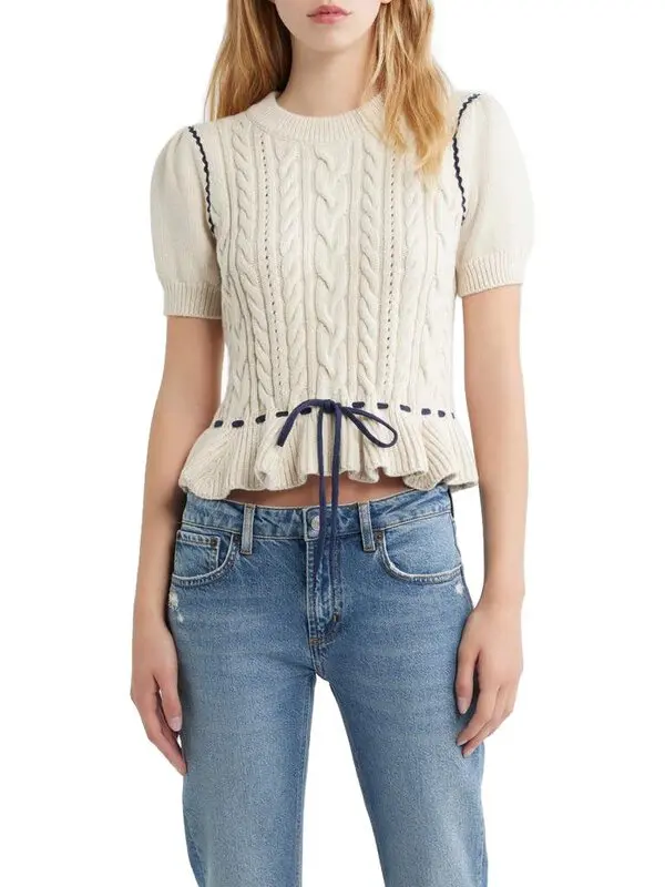 Rails Chandi Cable Knit Puff Sleeve Sweater - Heather Oat