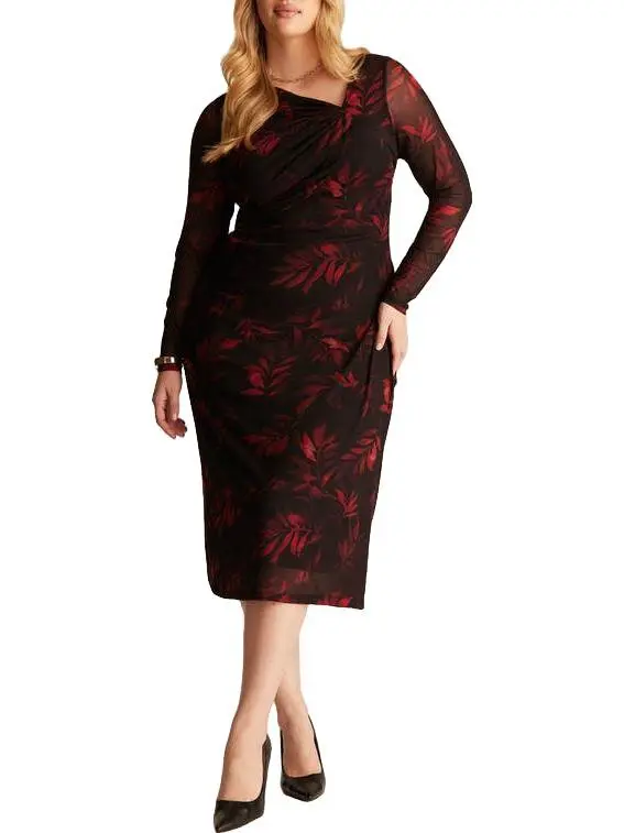 ESTELLE Mesh Sleeve Botanical Print Midi Dress - Inferno