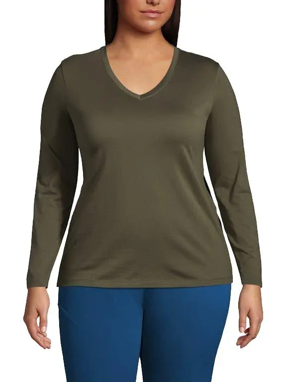LANDS' END Supima Cotton Long Sleeve V-neck T-shirt - Forest Moss