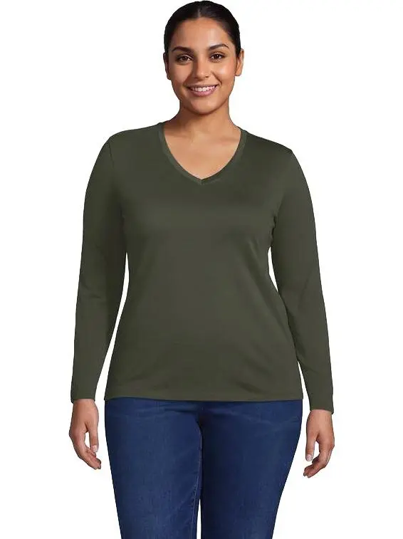 LANDS' END Supima Cotton Long Sleeve V-neck T-shirt - Forest Moss